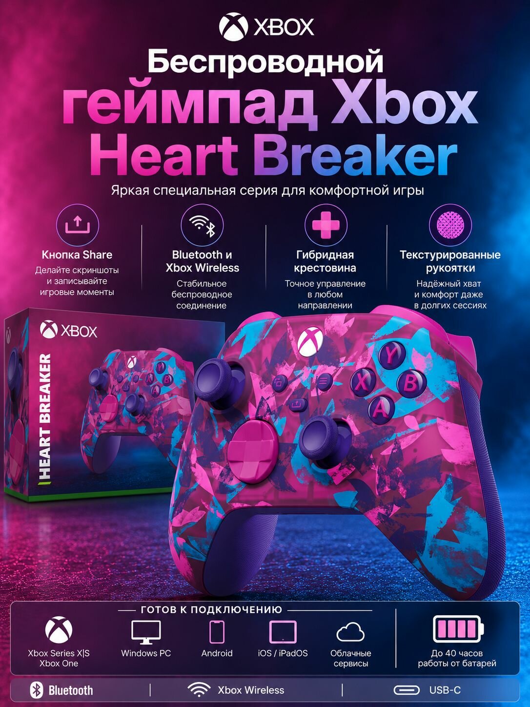 Беспроводной геймпад Heart Breaker Special Edition для Xbox Series X S Xbox One ПК Android и iOS с Bluetooth