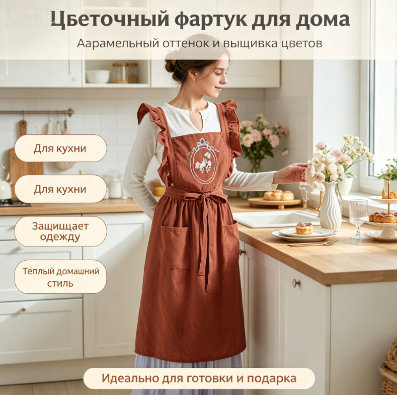 Французский винтажный вышитый фартук с оборками, подходящий для домашней кухни, цветочных магазинов и пекарен.