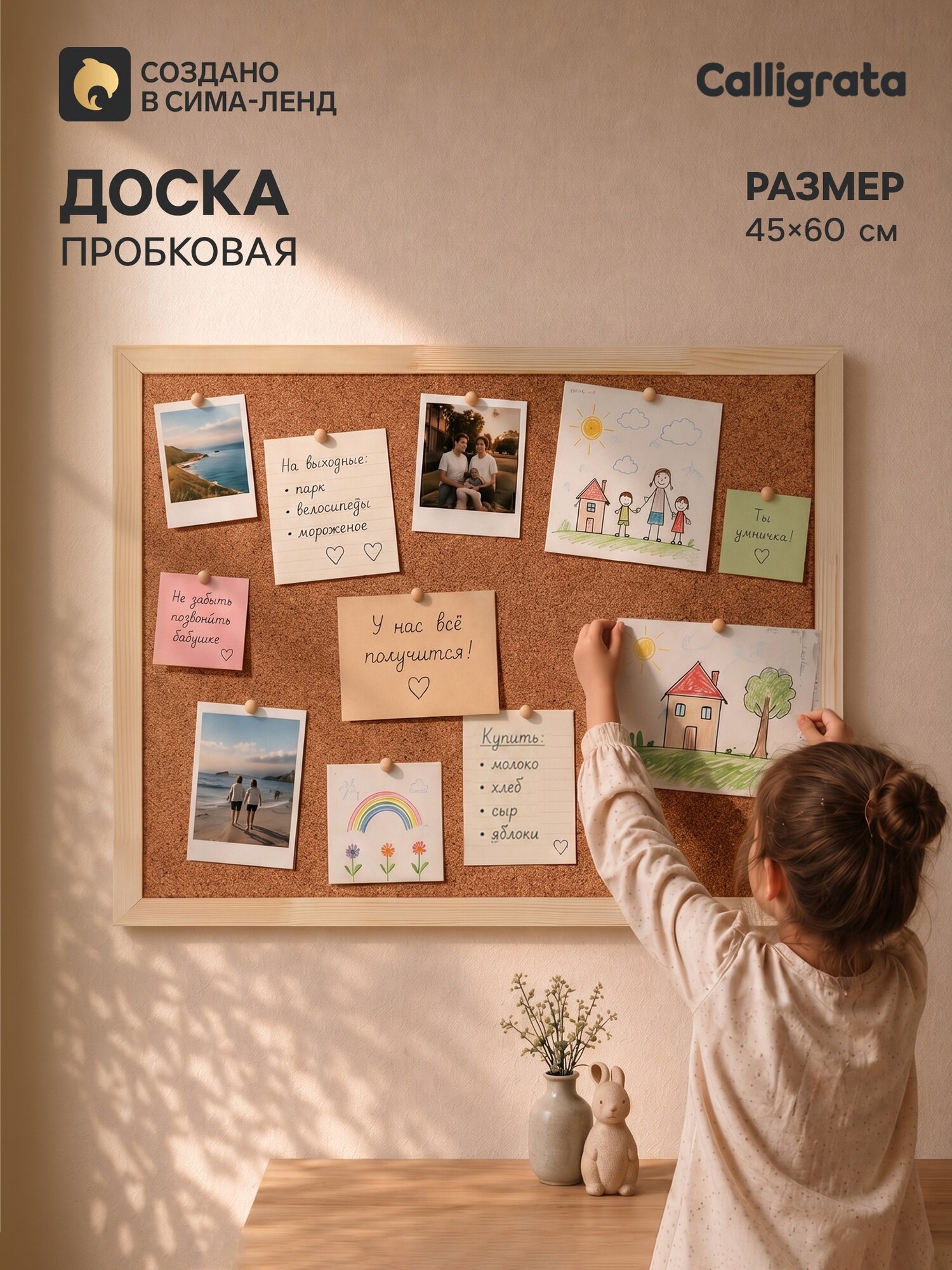 Доска пробковая Calligrata стандарт, настенное крепление, 45x60 см