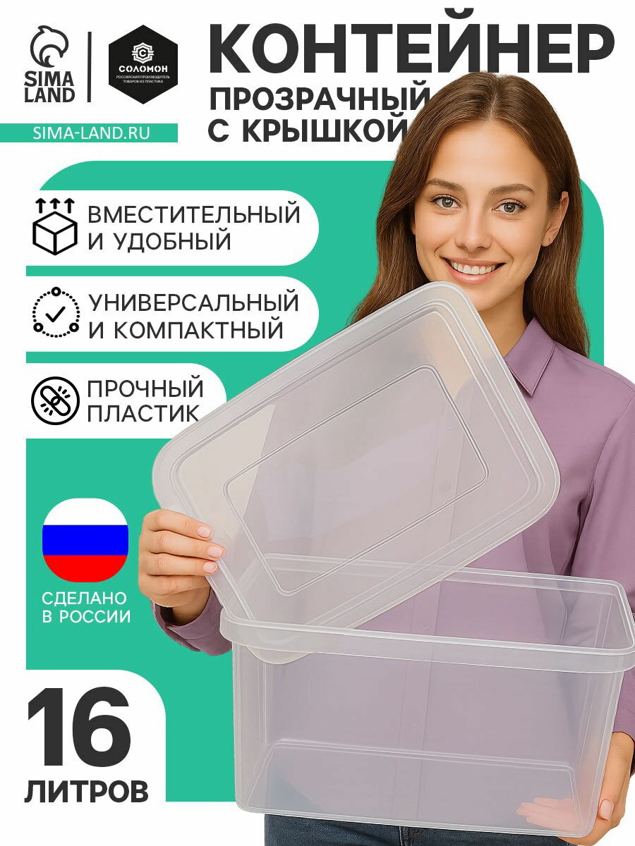 Ящик пластиковый для хранения, с крышкой, объём 16 л, прозрачно-матовый