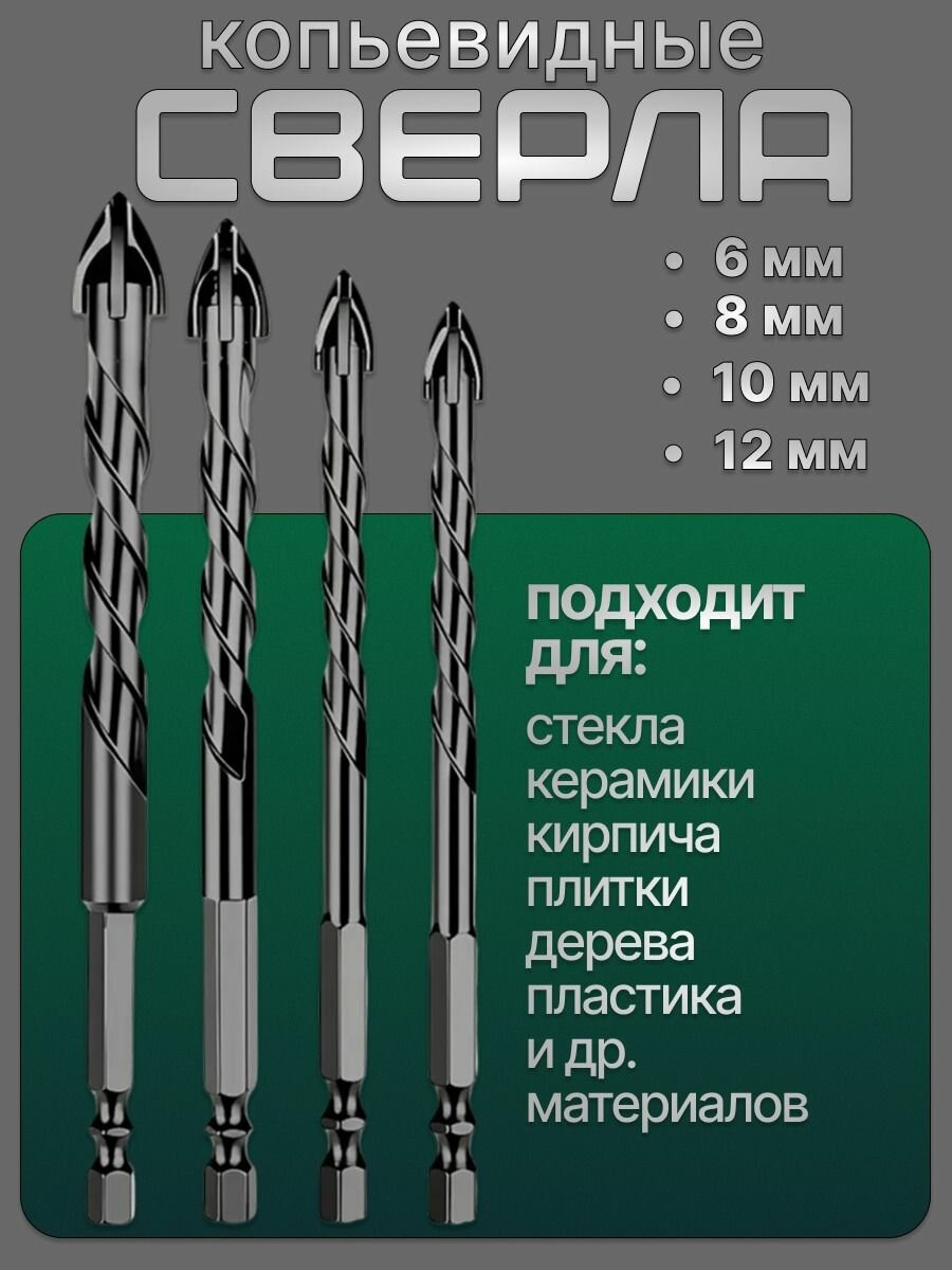 Набор направляемых сверл по стеклу, керамике и кафелю копьевидные 6, 8, 10, 12 мм с шестигранным хвостовиком (4 предмета) сверла для стекла керамики кафеля копьевидные 6-12 мм сверла с шестигранным хвостовиком