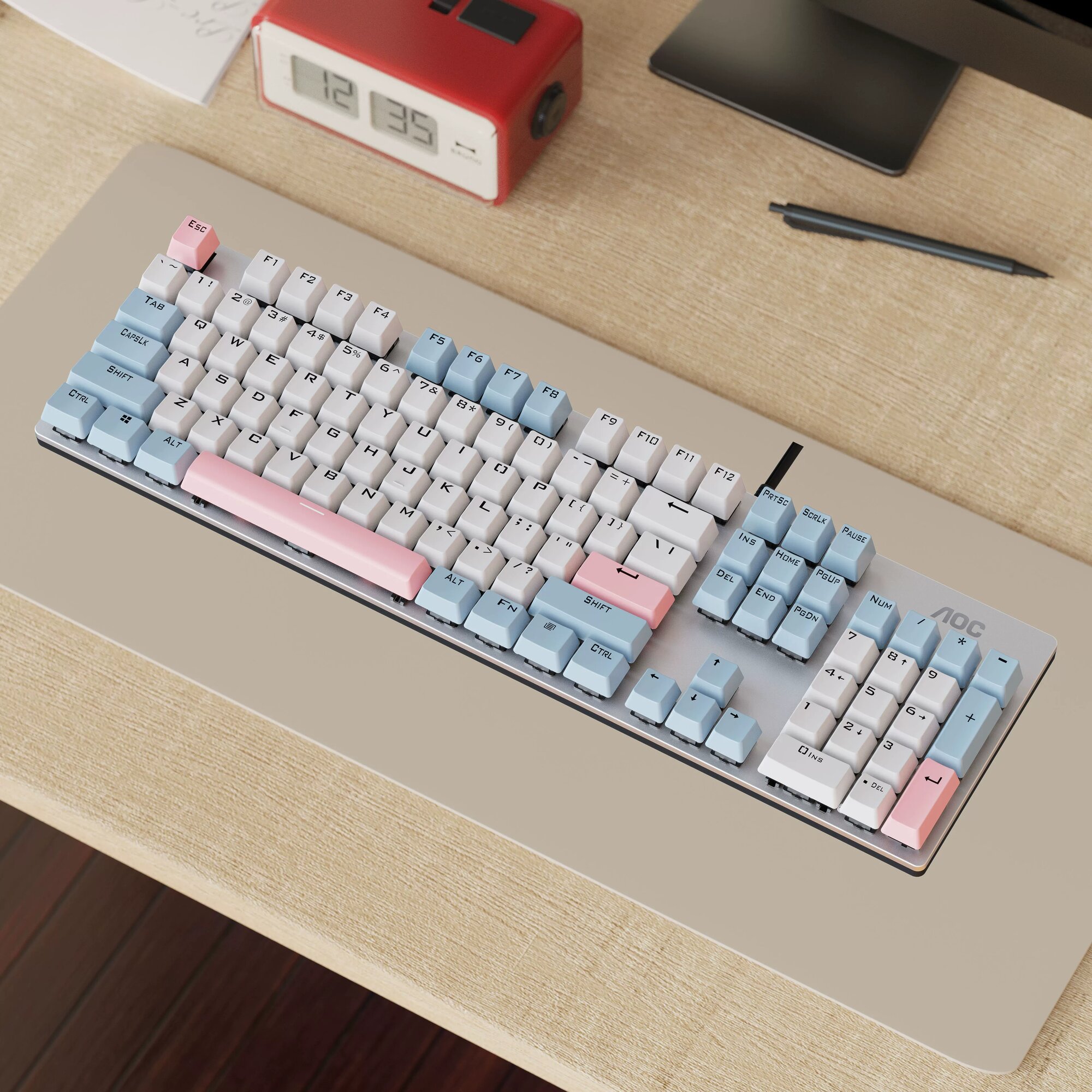 AOC Blue Axis Механическая Клавиатура 104 Клавиши Металлический Корпус Синий Белый Розовый Кликабельный Офис Проводная