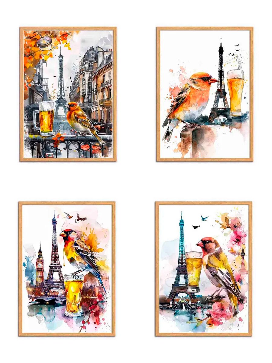 Птица щегол Пьет Пиво, 4 Плаката, 30x21см