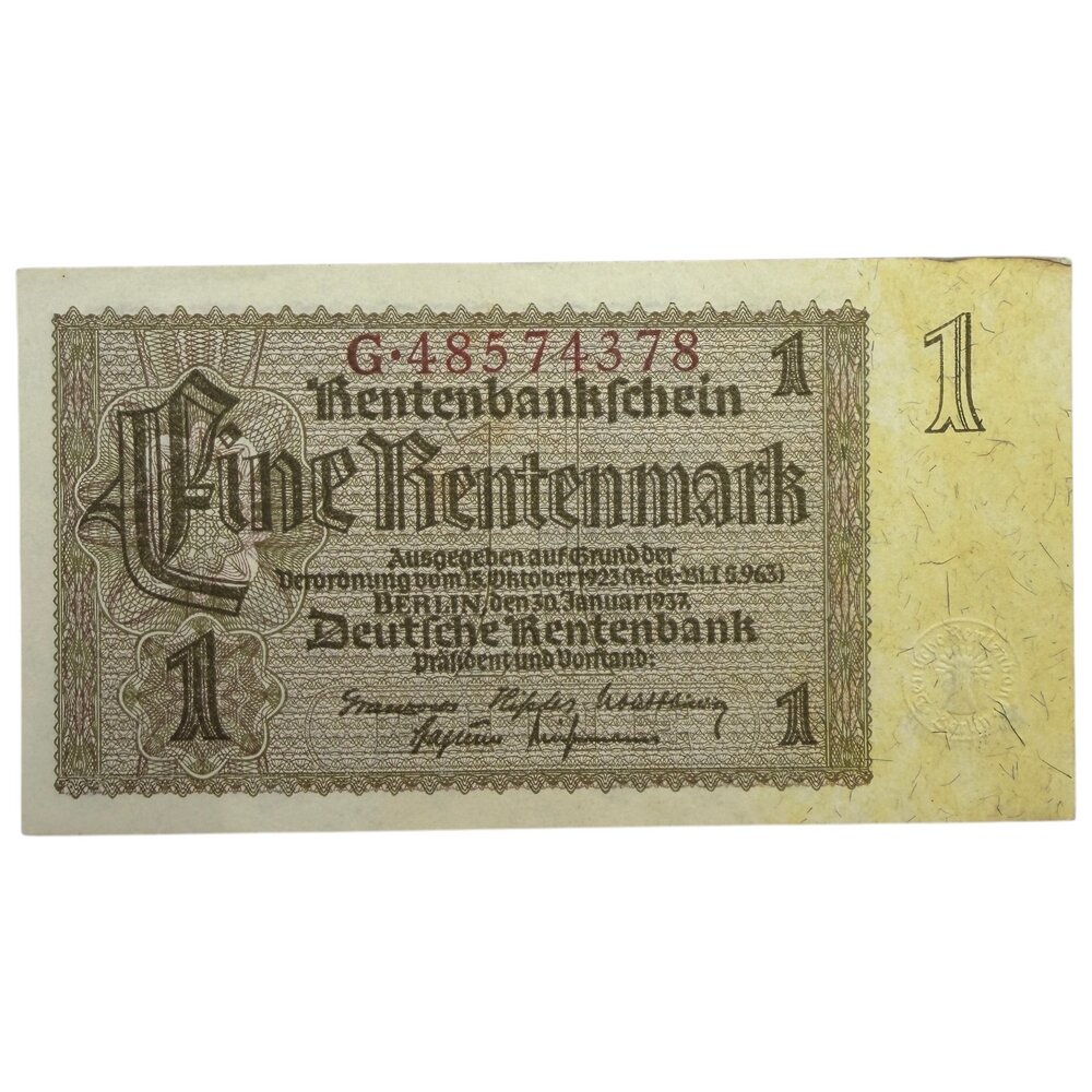 Третий Рейх (Германия) 1 рентенмарка (марка) 1937 г. (Серия G) (8-значный номер)