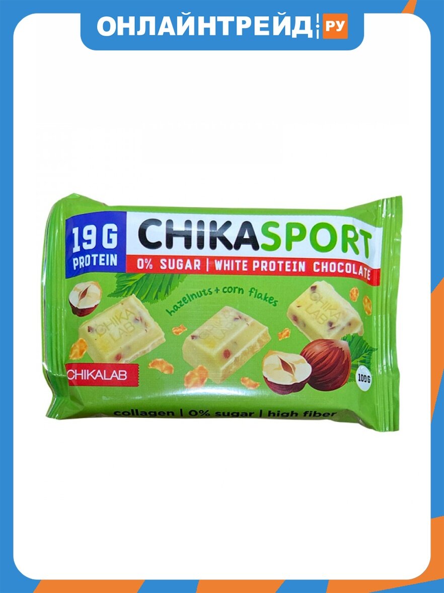 Протеиновый шоколад Chikalab белый с фундуком и кукурузными чипсами 100 гр.