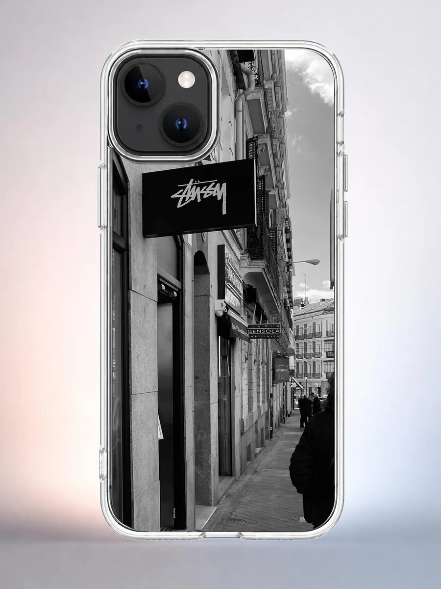 Чехол iPhone 15 Stussy вывеска силиконовый прозрачный