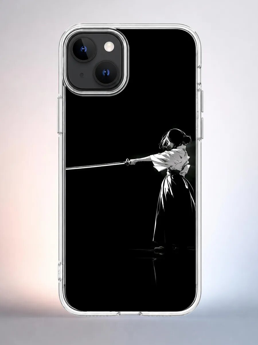 Чехол iPhone 14 Девушка с катаной силиконовый прозрачный
