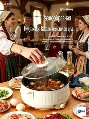 Электрическая сковорода мощностью 800 Вт в белом корпусе для приготовления блюд дома и на даче