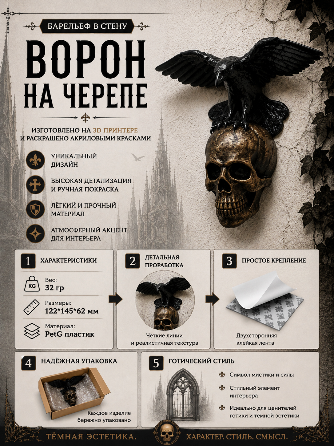 Статуэтка барельеф - Ворон на черепе