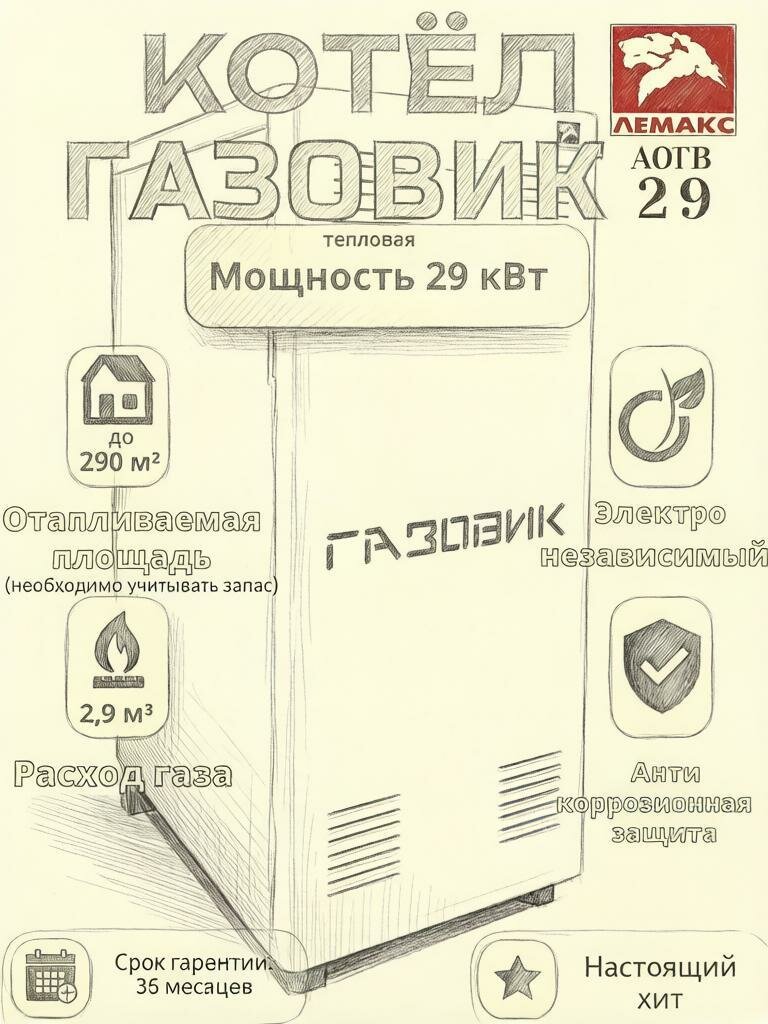 Газовый напольный котел Лемакс газовик АОГВ-29-1 со стальным теплообменником