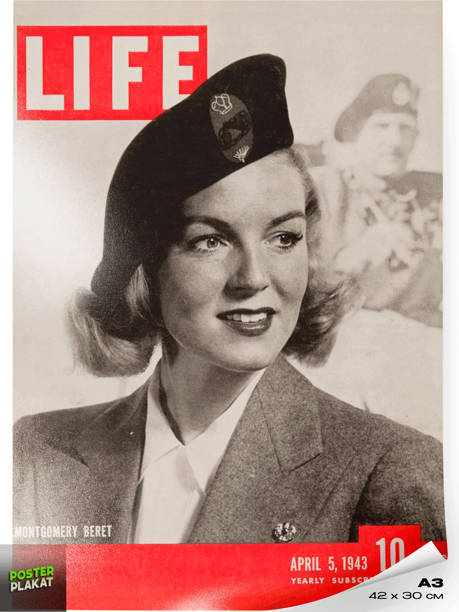 Постер LIFE, Женщина в военном берете Montgomery, винтажный плакат на стену для интерьера, для дома и офиса, А3 (420х297 мм), ПП