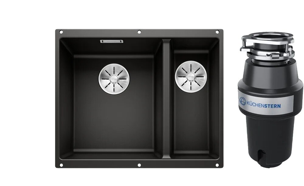 Комплект Мойка Blanco Subline 340/160-U 525985 55x46, черная, искусственный гранит / Измельчитель KUCHENSTERN Muhle 350MU35 механический, нержавеющая сталь