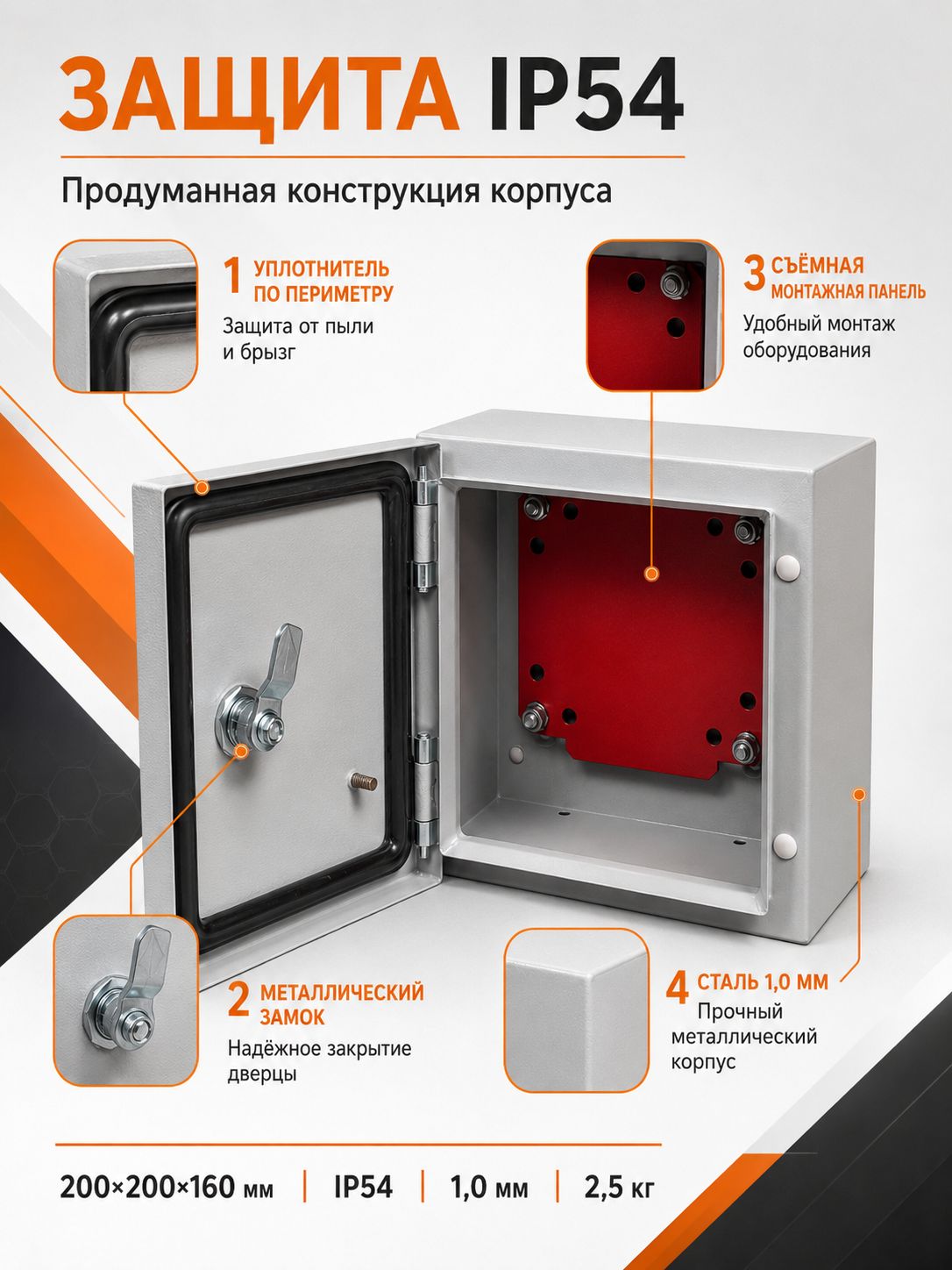 ЩМП 200х200х160 мм IP54, щит распределительный металлический с монтажной панелью — фото 1
