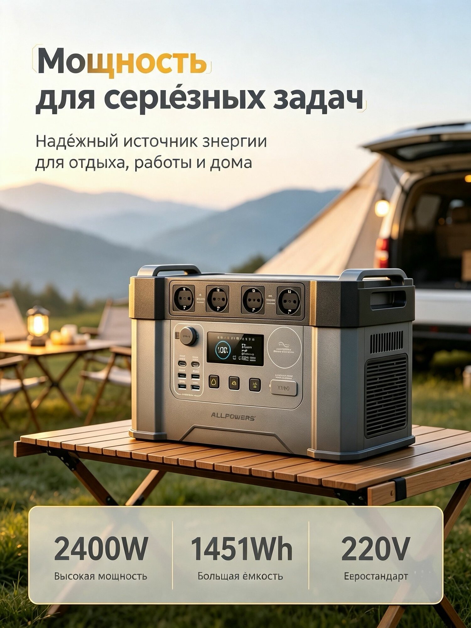 Мощная портативная зарядная станция 2400W 1451Wh, автономное питание для кемпинга, путешествий и выездных работ