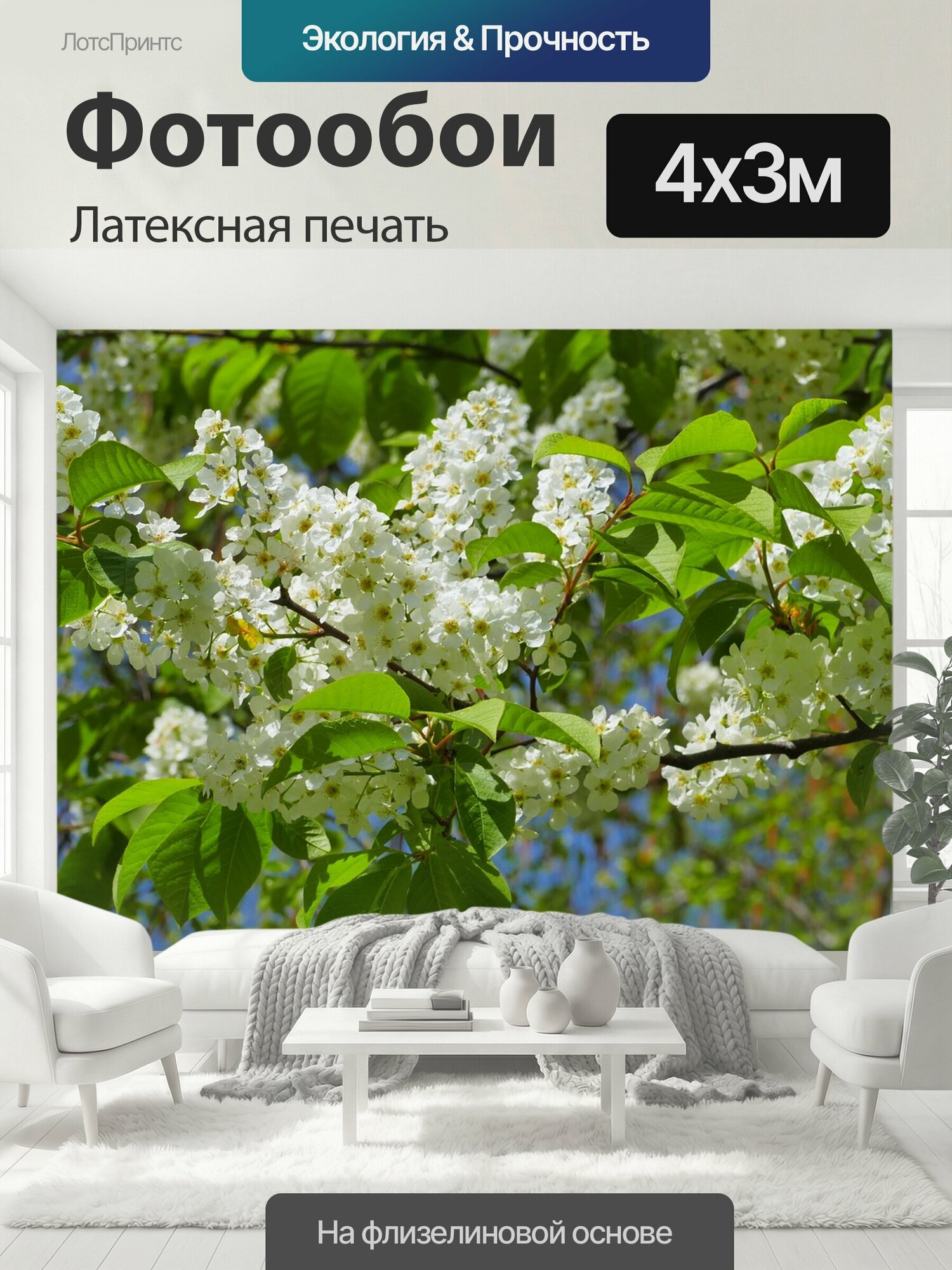 Фотообои моющиеся ударопрочные "Черемуха, цветы, весна" 400x300 см. латексная печать