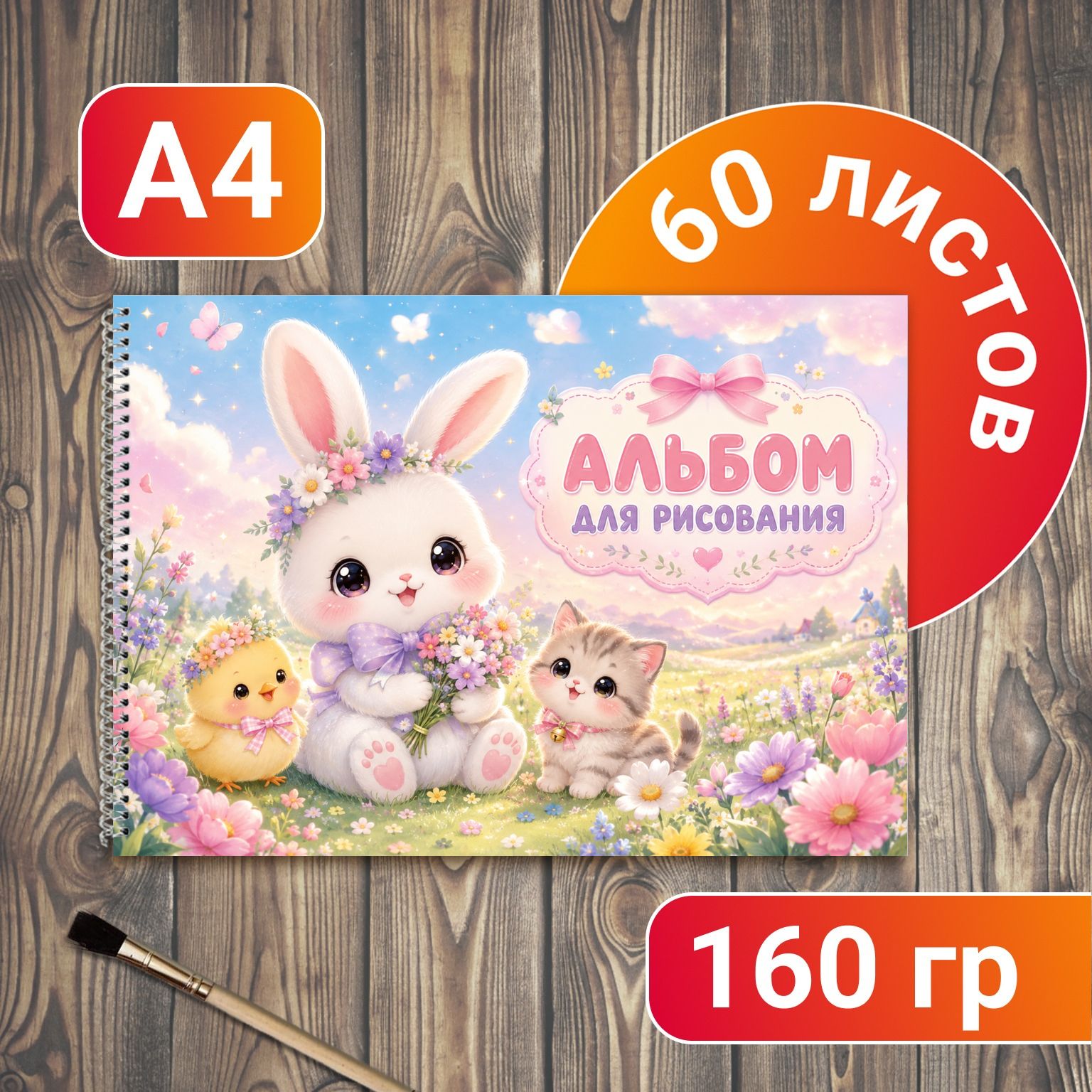 Альбом для рисования Кавай животные А4 60 листов