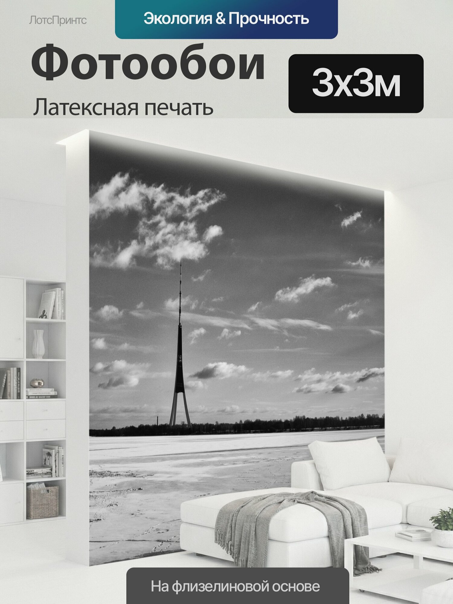 Фотообои моющиеся ударопрочные "Телебашня Телебашня в Риге riga latvia tv tower cold snow river bw black white mood post card" 300x300 см. латексная печать