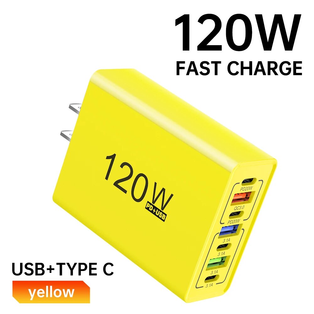 Зарядное Устройство USB Type-C PD Мощностью 120 Вт С Несколькими Портами, Высокоскоростной Yellow US