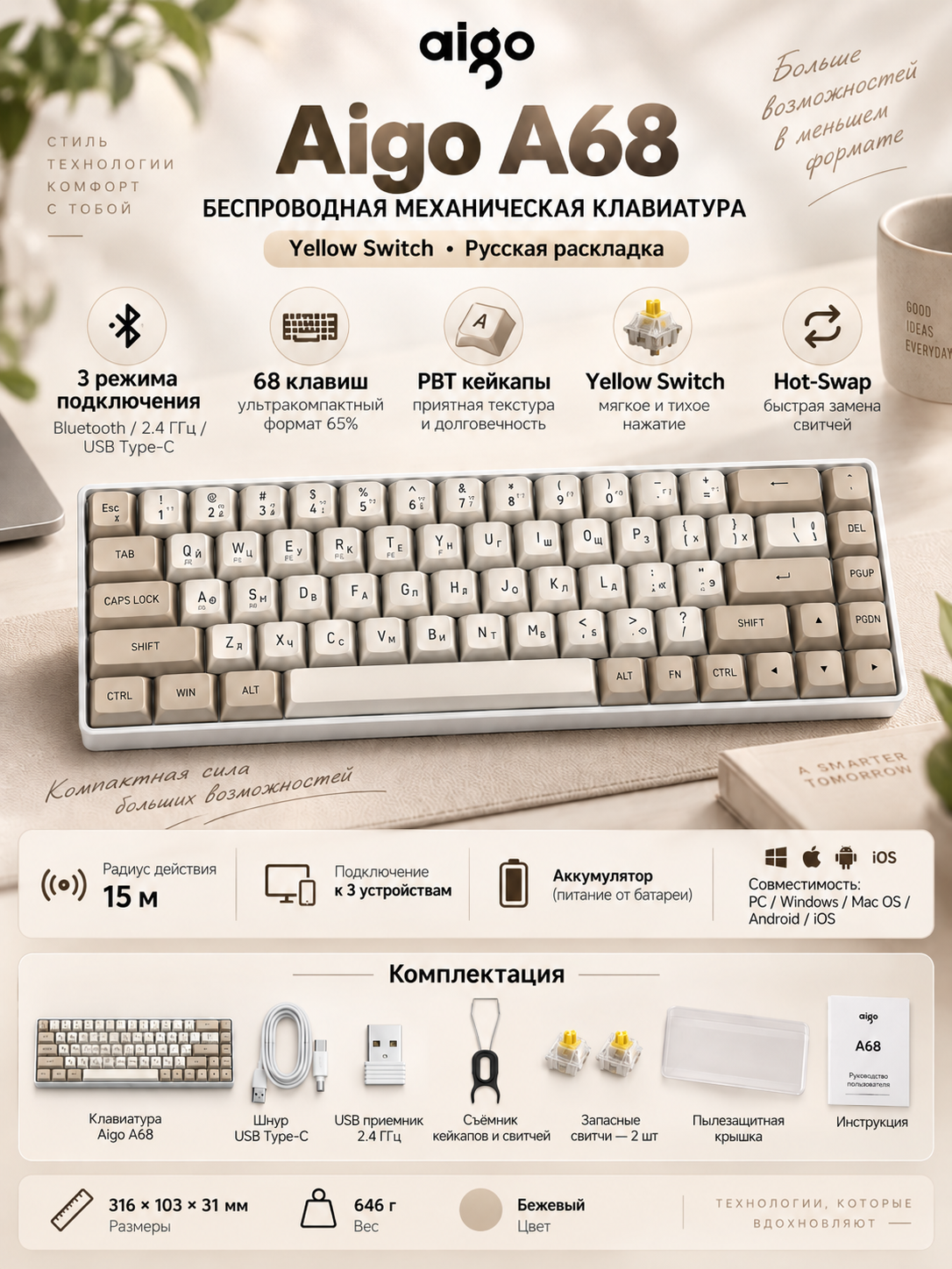 Клавиатура беспроводная Aigo A68 Yellow Switch, русская раскладка, бежевый