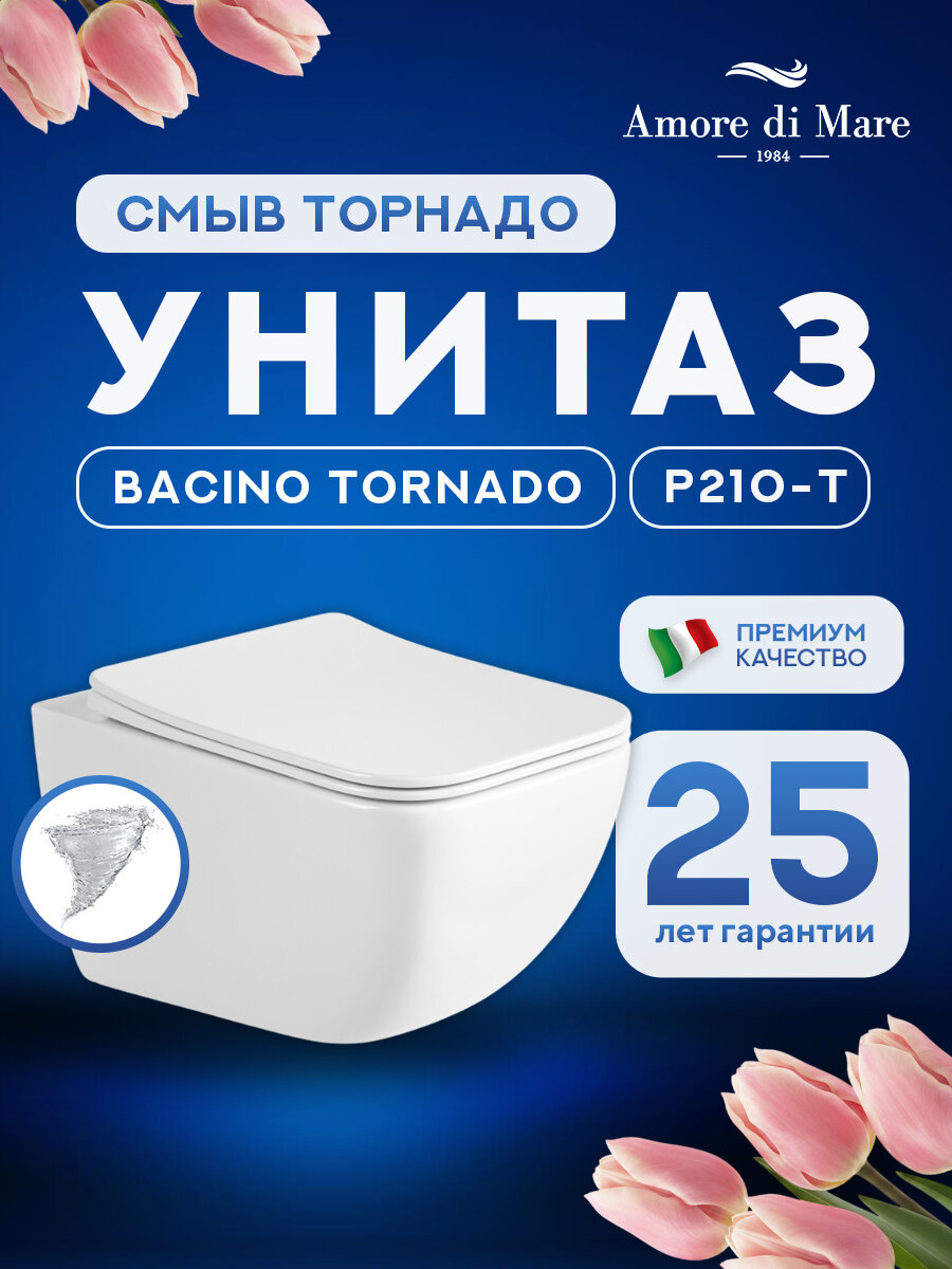Унитаз подвесной безободковый Amore di Mare Bacino Tornado P210-T, антивсплеск, фарфоровый, быстросъемное сиденье дюропласт с крышкой микролифт, чаша с антибактериальным покрытием