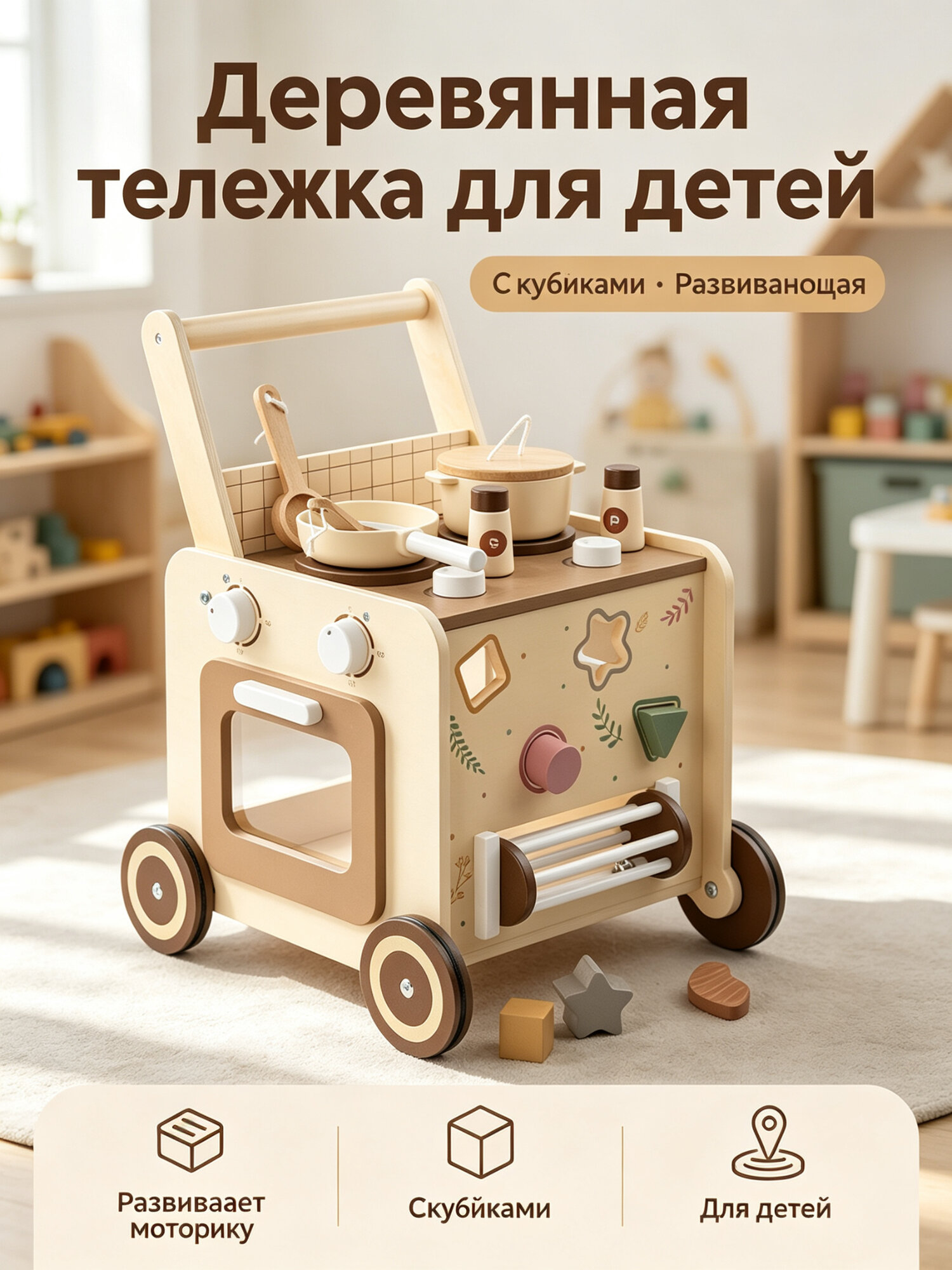 Деревянная каталка-ходунки, каталка с кубиками