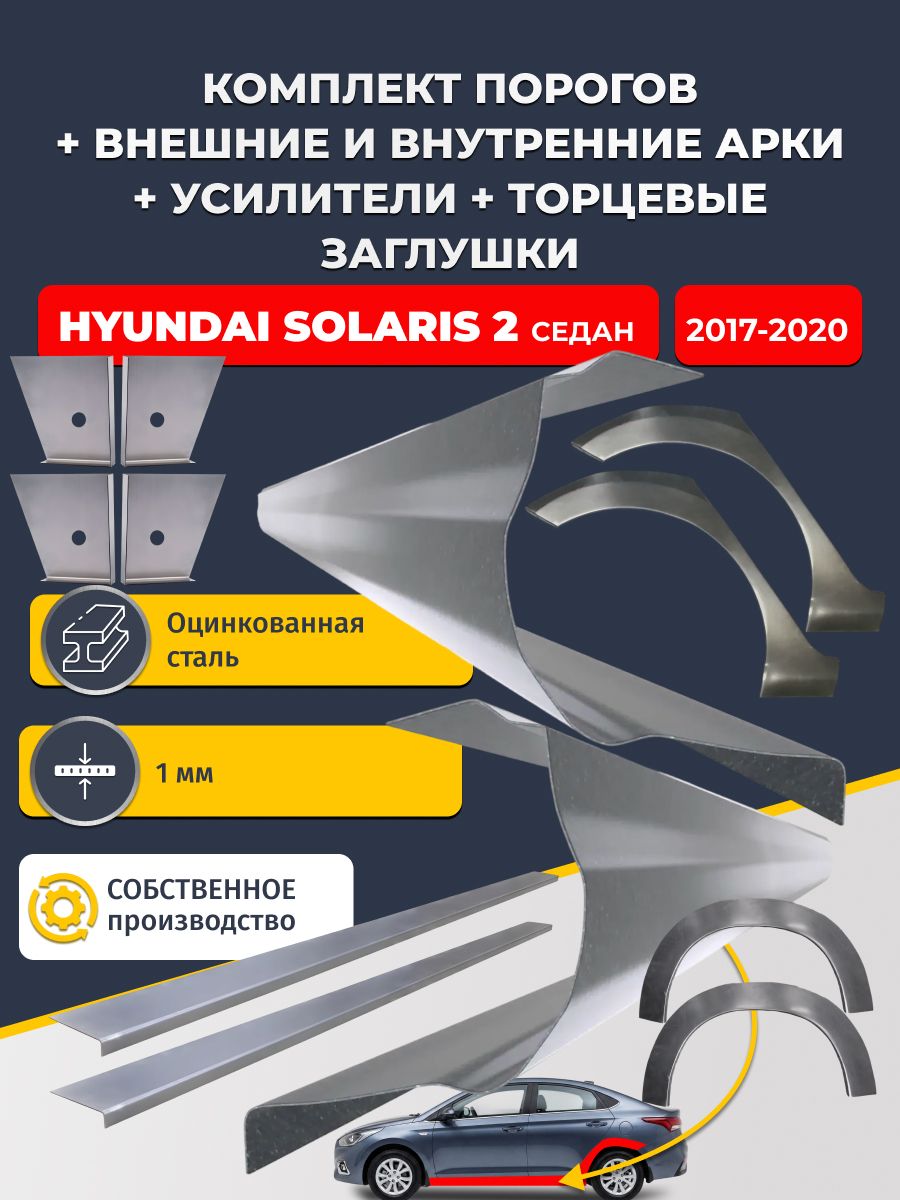 Комплект ремонтных задних внешних и внутренних арок (0,8 мм) + комплект порогов + 4 торцевые заглушки + усилители, на Hyundai Solaris 2 2017-2020 седан (Солярис 2) Оцинкованная сталь 1 мм