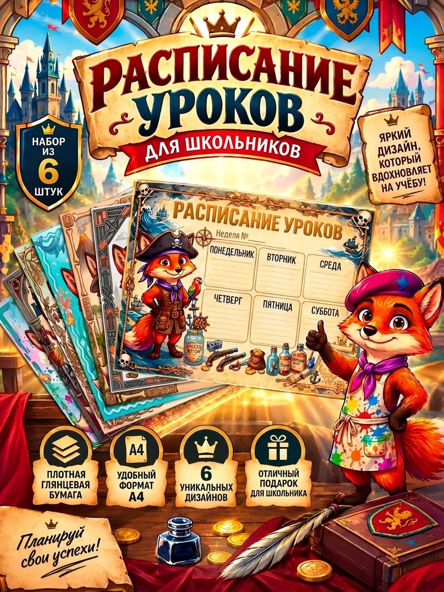Расписание уроков для школьника А4, набор 6 шт, настенное, планер на неделю, 250 г/м