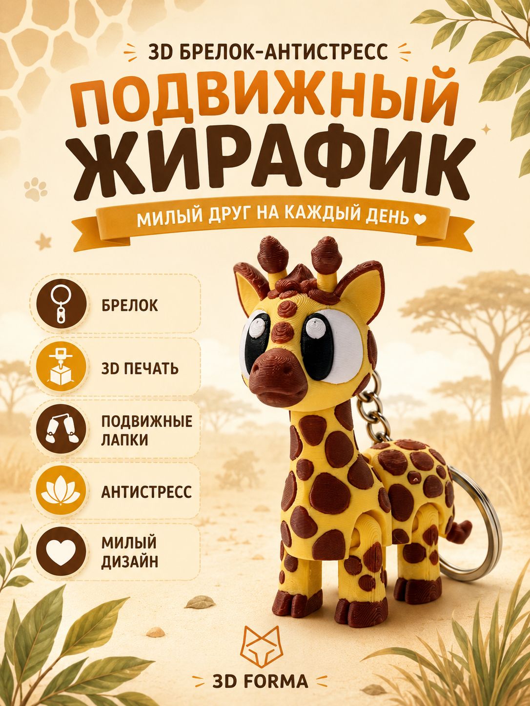 Жираф 3д игрушка-антистресс, подвижная фигурка, 3D печать, подарок