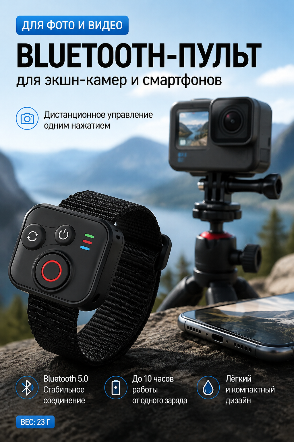 Bluetooth-пульт для фото и видео, для экшн-камер и смартфонов, черный матовый