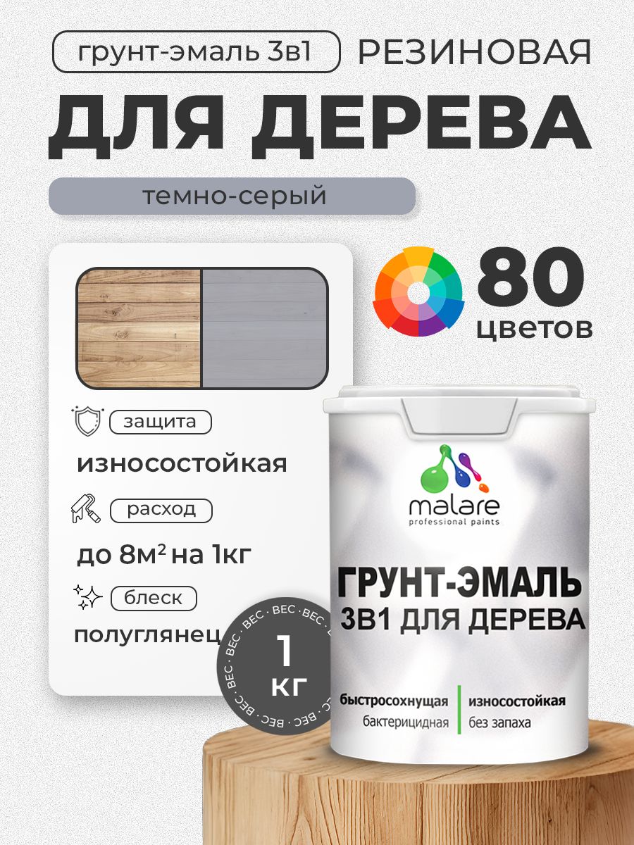 Резиновая Грунт-Эмаль 3 в 1 Malare для деревянных поверхностей/ краска по дереву с антисептическим эффектом/ быстросохнущая моющаяся без запаха полуглянцевая, темно-серый, 1 кг