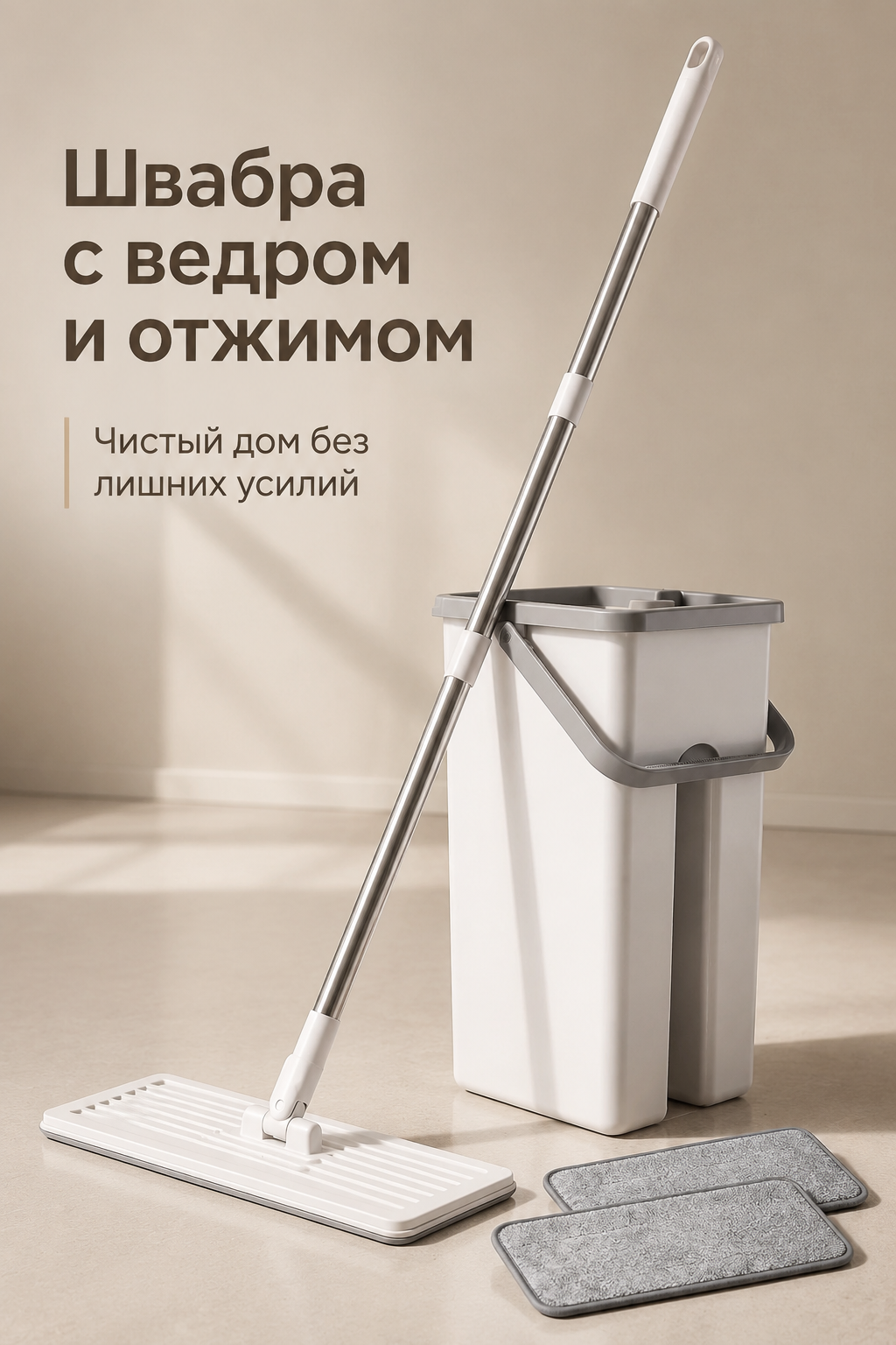 Швабра с ведром и отжимом, 2 насадки, ручка 142 см, бело-серая