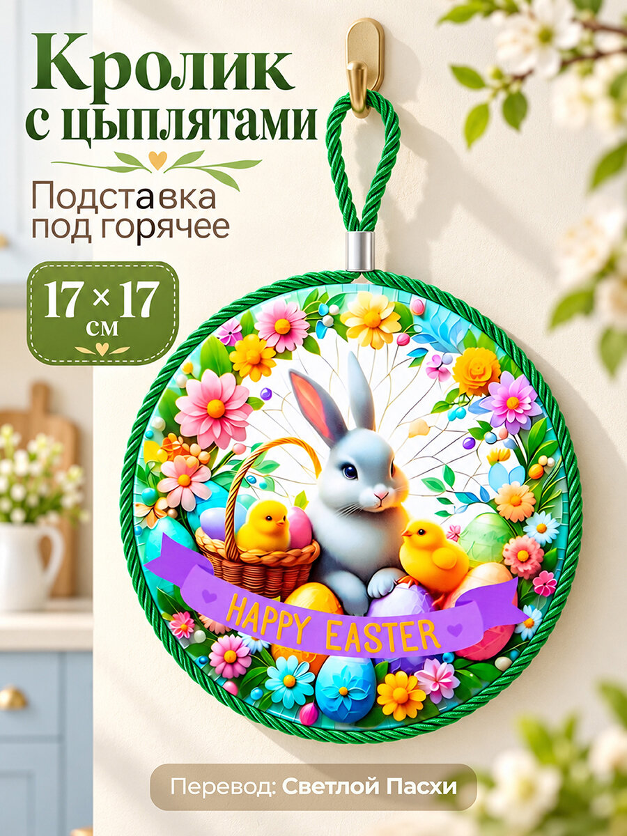 Подставка под горячее 17х17х1 см Elan Gallery "Кролик с цыплятами" круг