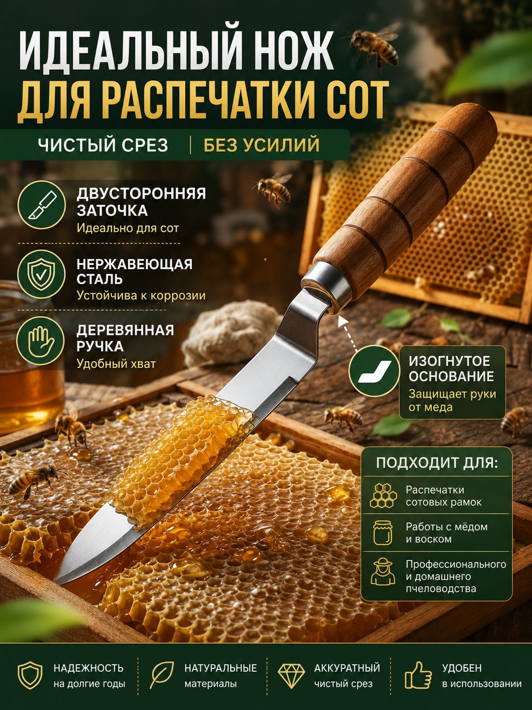 Нож пасечный пищевая нержавейка, 13 см длина лезвия, для распечатки сот и среза забруса, литой проклепанный пчеловодный