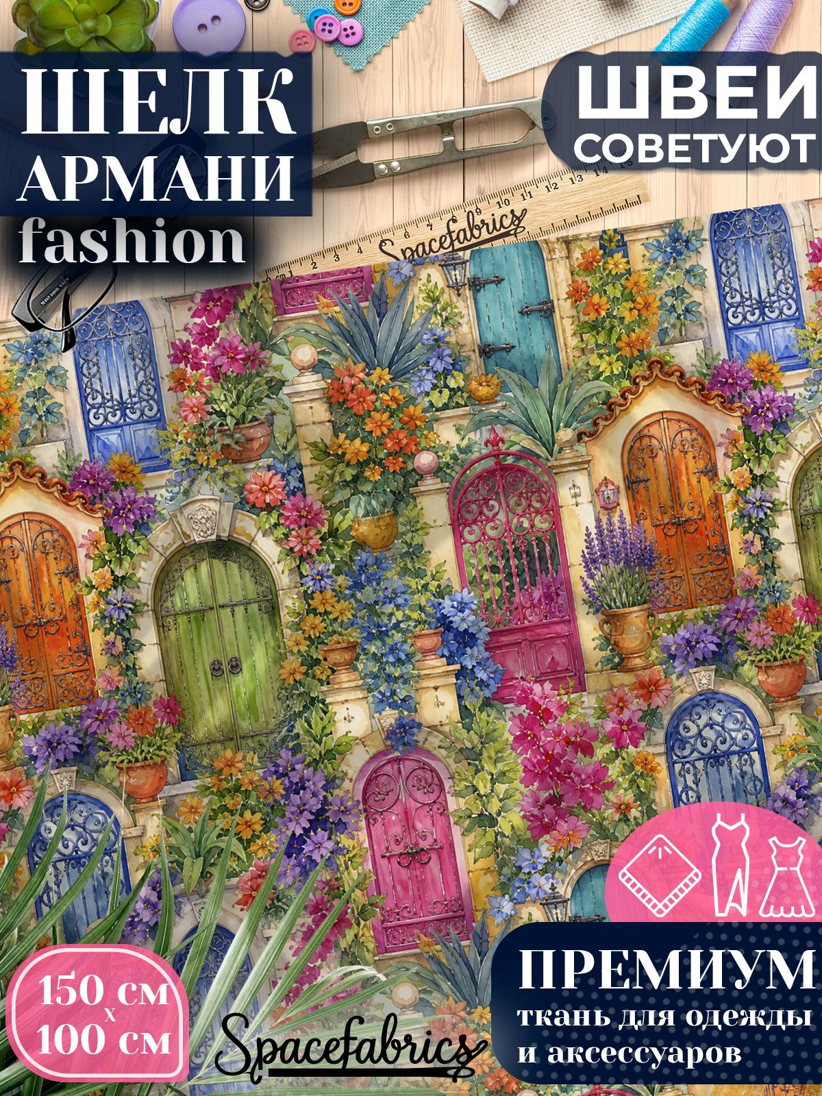 Ткань для шитья шелк Армани, искусственный шелк для костюмов, платьев, юбок с принтом Садовая архитектура