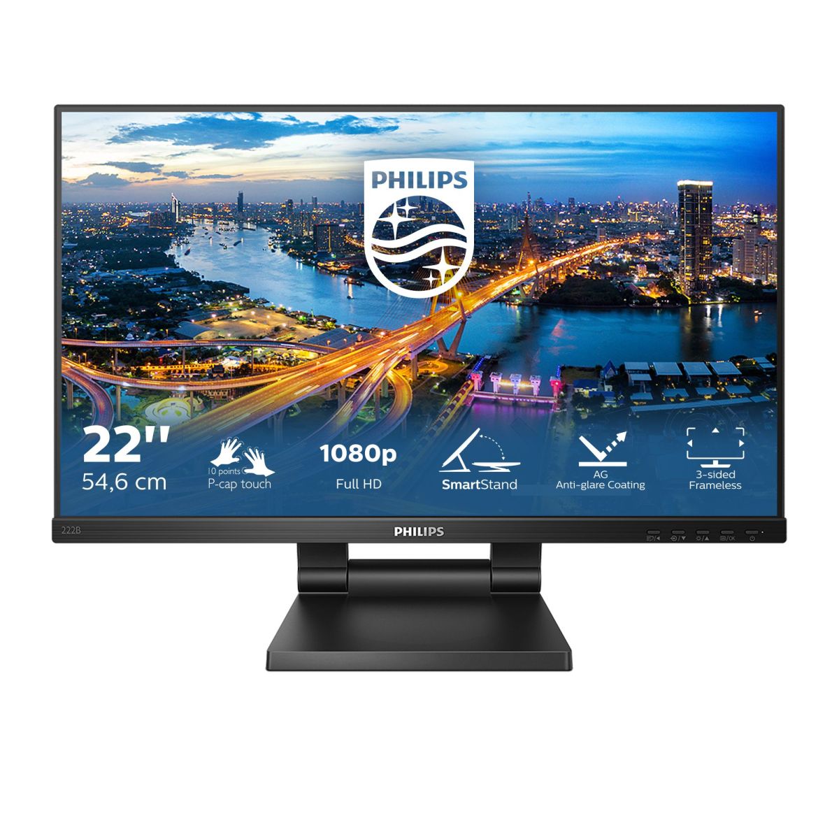 Монитор PHILIPS 222B1TC (00/01) LCD 21.5' [16:9] 1920х1080(FHD) IPS, nonGLARE, 250cd/m2, H178°/V178°, 1000:1, 50M:1, 16,7 миллионов цветов, 4ms, VGA, DVI, 1,4, 1,2, USB-Hub, Height adj, Tilt, Speakers, 2Y, Black