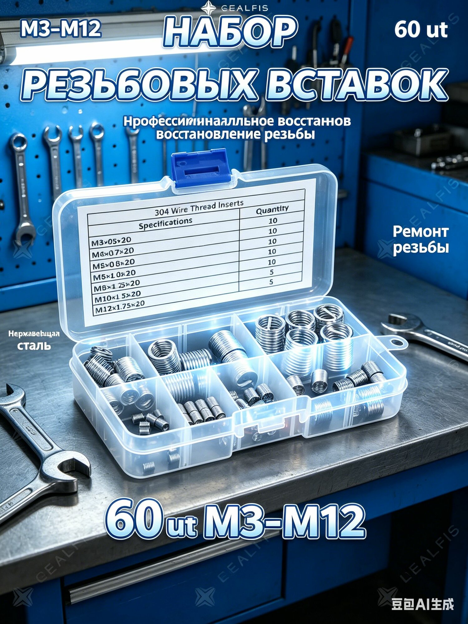 Комплект для ремонта резьбы из нержавеющей стали M3-M12 60шт
