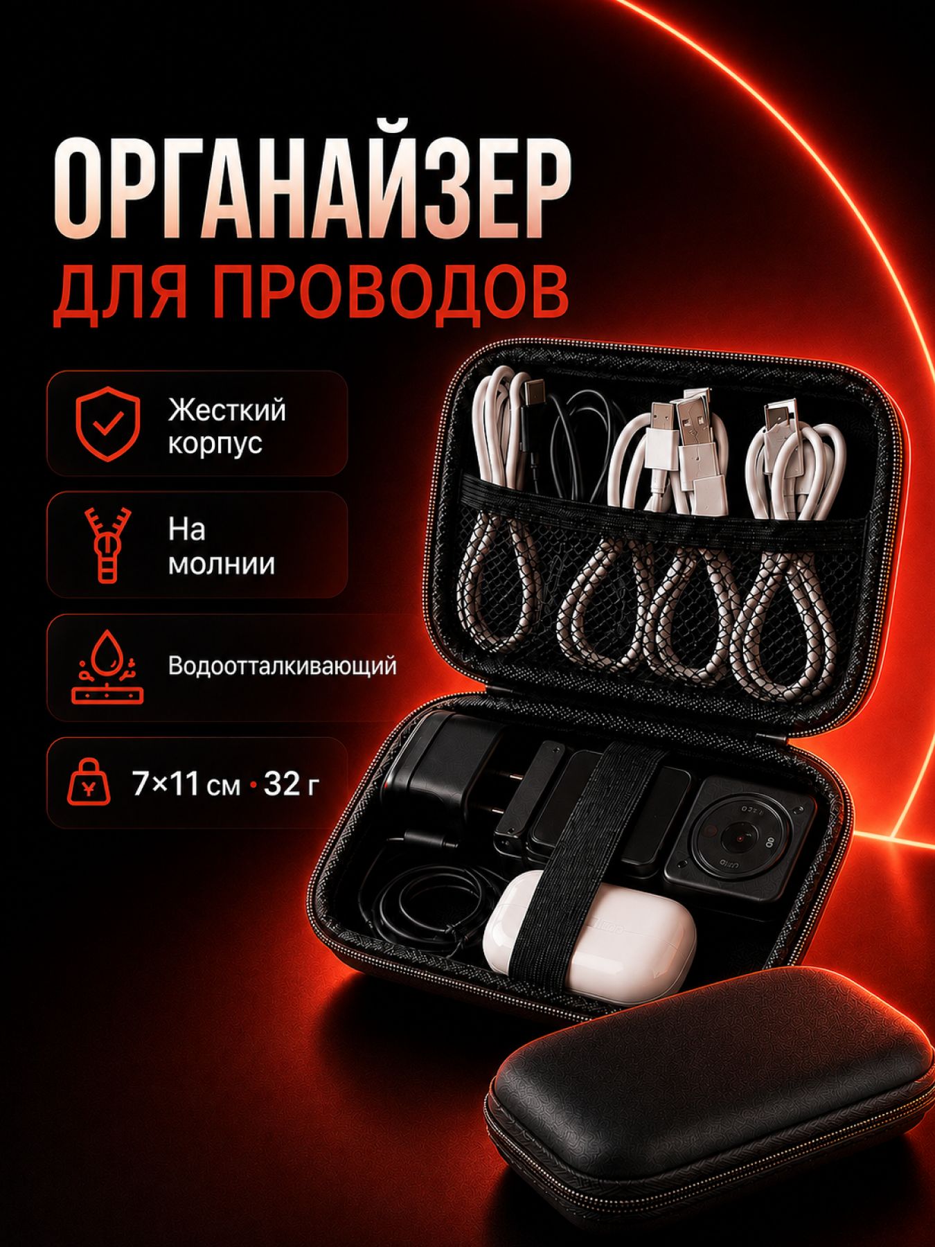 Органайзер для проводов и зарядок, дорожная сумка для хранения аксессуаров, Mobylos, 7х11х3,5 см.