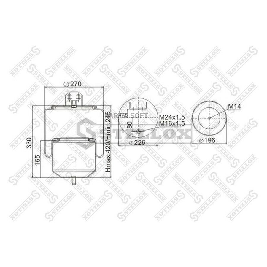 STELLOX 9078031SX 90-78031-SX пневмопод. со стак!1шп-шт. M16/M24смещ.80+кроншт.4отв. D15 Порш. сталь 1шп. M14\Volvo FM/FH