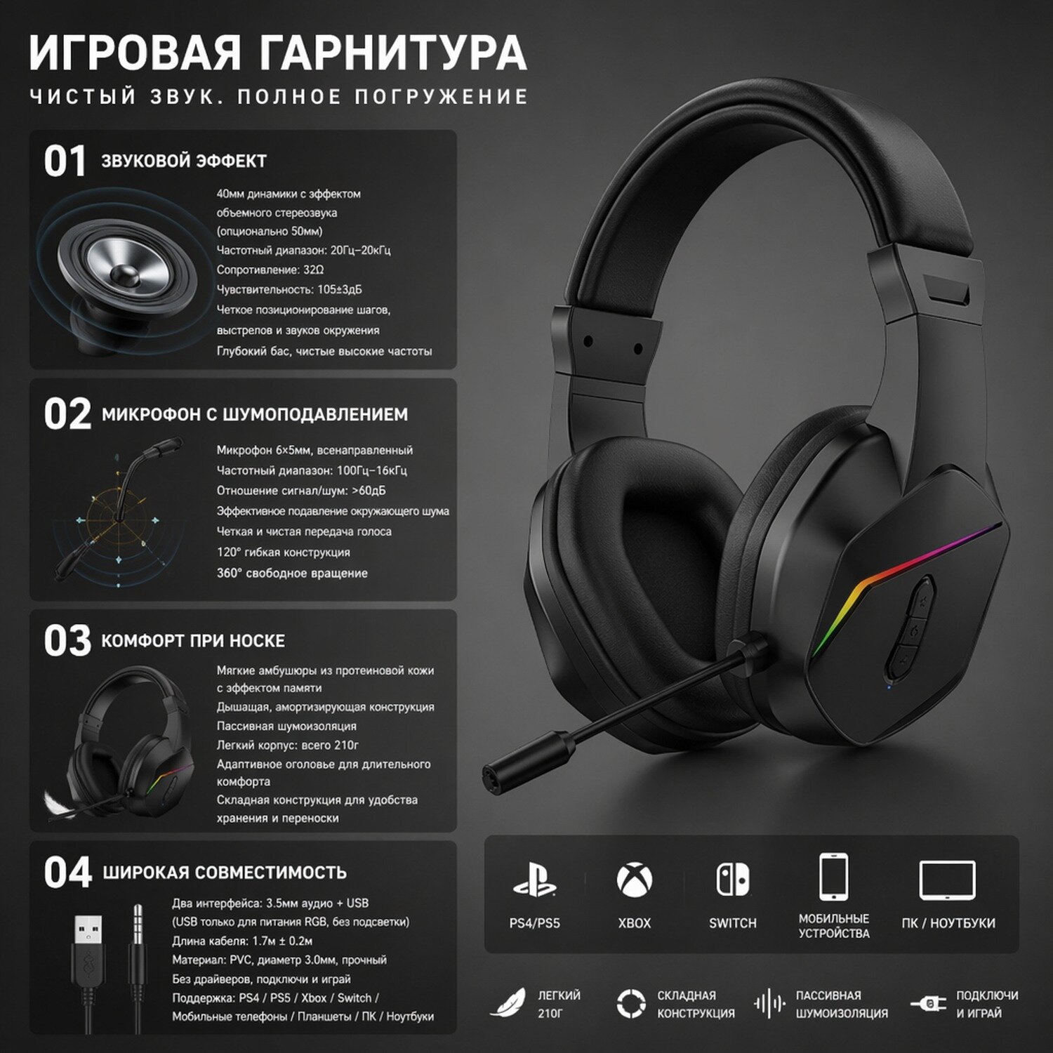 Головные 2,4G беспроводные игровые наушники, режим низкой задержки, Bluetooth 5.4, шумопоглощающий микрофон，чёрный