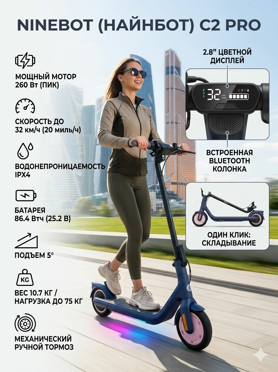 Электросамокат Ninebot C2 Pro 7 дюймов колеса Bluetooth приложение управление 260W мощность 21.6V
