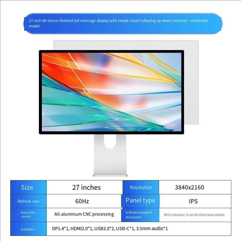 Монитор KUYCON P27G с 27-дюймовым экраном 3840*2160 4k60hz IPS HDMI2.0+DP1.4+USB2.0, глянцевый экран, 27 дюймов, Type-c, CNC алюминий