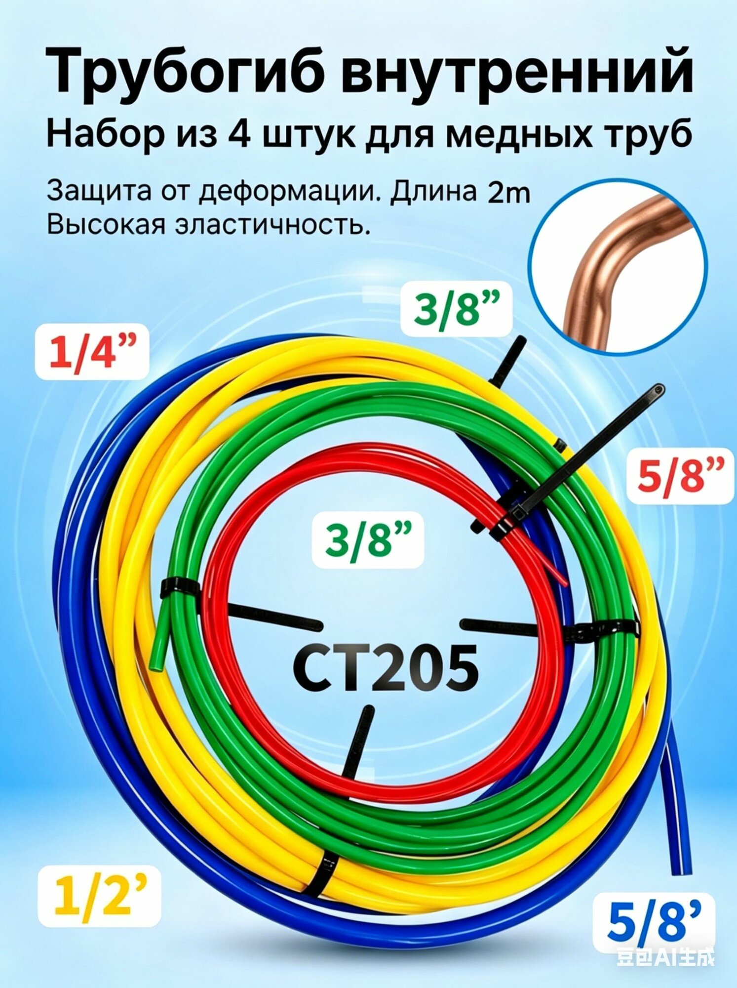 HVAC Гибкий инструмент для внутреннего изгиба медных и алюминиевых труб 1 / 4 "+ 3 / 8" + 1 / 2 "+ 5 / 8" + длина 1.8 м