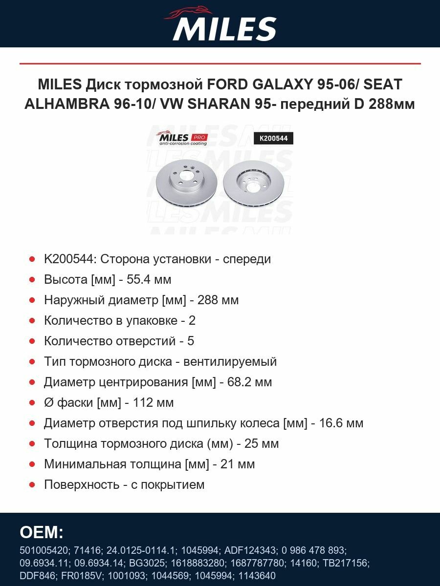 MILES Диск тормозной FORD GALAXY 95-06/ SEAT ALHAMBRA 96-10/ VW SHARAN 95- передний D 288мм