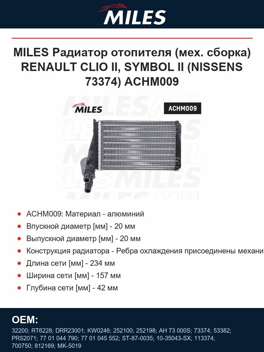 MILES Радиатор отопителя (мех. сборка) RENAULT CLIO II, SYMBOL II (NISSENS 73374) ACHM009