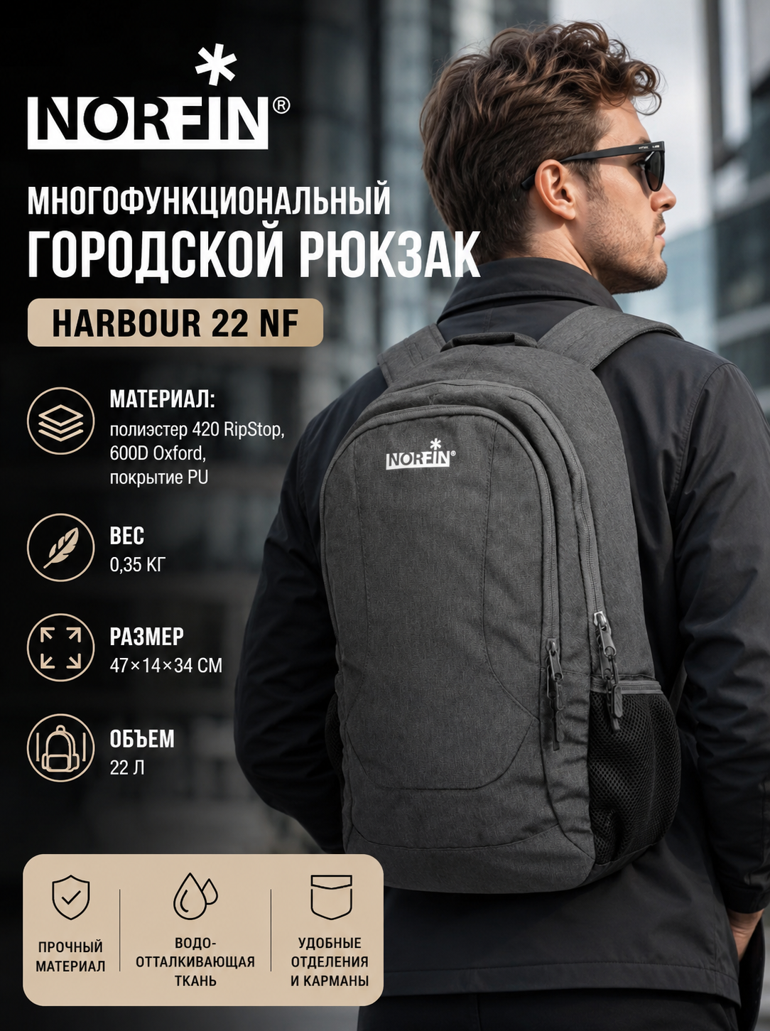 Рюкзак многофункциональный городской Norfin HARBOUR NF-40230, 22л, с органайзером и отделением для ноутбука