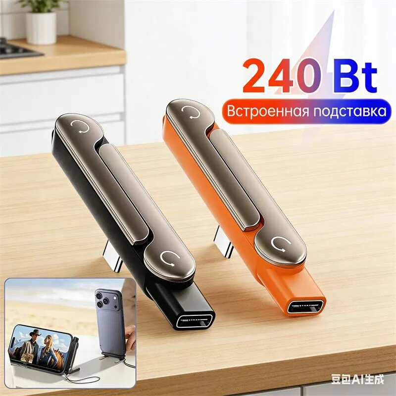 2-в-1 адаптер для зарядки 240W с подставкой для телефона, Type-C в Type-C