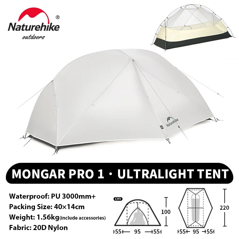 Naturehike Mongar Pro UL Палатка для кемпинга на 1, 2, 3 человека Для отдыха на открытом воздухе, походов, ночевок Профессиональная легкая водонепроницаемая укрытие от солнца