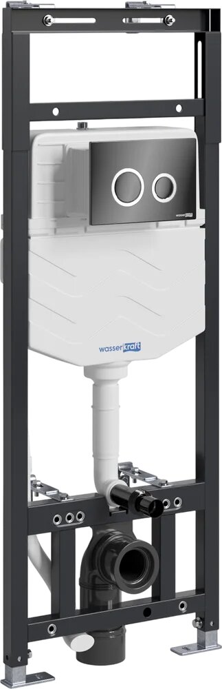 Инсталляция с кнопкой Wasserkraft Alme 15TLT.010. ME. PB01 50, 4 см, крепление к стене/к полу, с регулировкой по высоте, кнопка для унитаза черная, глянцевая, с шумоизоляцией