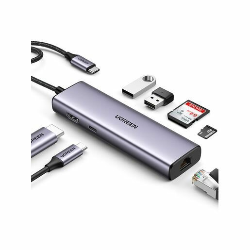 Конвертер UGREEN CM512 (90568) USB-C to 2*USB3.0+HDMI+RJ45+SD&TF +PD Port Converter. Цвет: серый