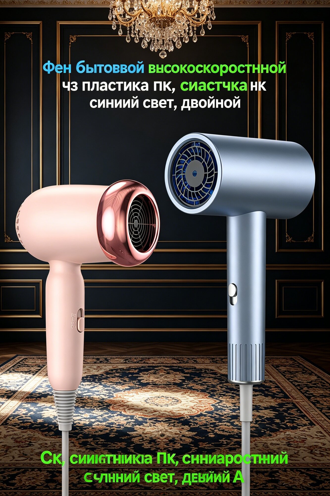 Фен бытовой высокоскоростной из пластика ПК, синий свет, двойной контроль температуры, цвет зеленый А